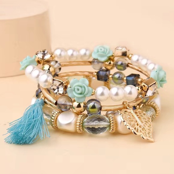 Jewelry | Beaded 4 Piece Stretch Stack Bracelet Set With Roses | Poshmark